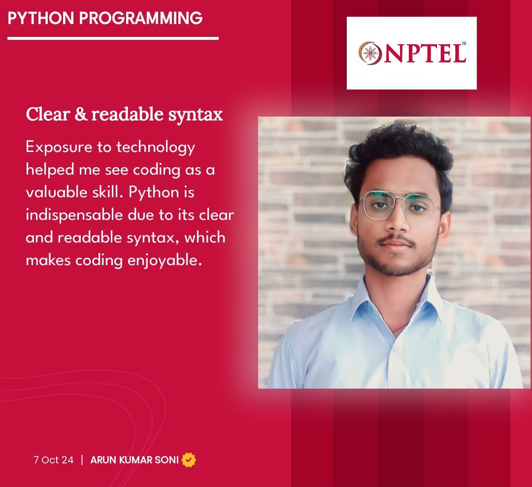 Arun Kumar Soni on LinkedIn: #nptel #iit #iitmadras #python # ... Arun Kumar Soni on LinkedIn: #nptel #iit #iitmadras #python # ...