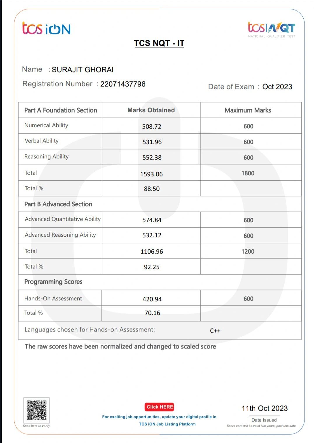TCSNQT exam result | Surajit Ghorai TCSNQT exam result | Surajit Ghorai
