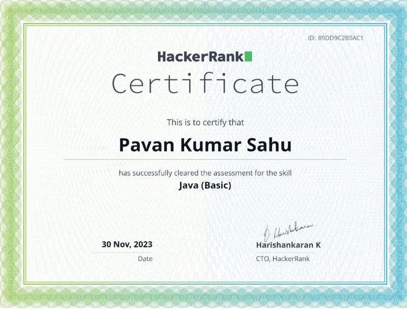 Pavan Kumar Sahu on LinkedIn: #java #hackerrank #certification Pavan Kumar Sahu on LinkedIn: #java #hackerrank #certification