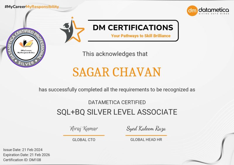 Sagar Chavan on LinkedIn: #silverlevelcertificate #datametica Sagar Chavan on LinkedIn: #silverlevelcertificate #datametica