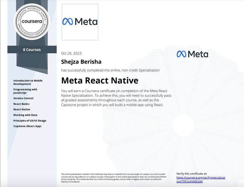 Successfully completed Meta React Native specialization on Coursera ... Successfully completed Meta React Native specialization on Coursera ...