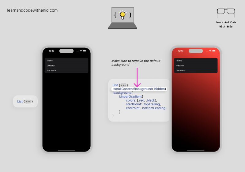 SwiftUI Tip 💡 To apply a custom background to a List, first hide the ... SwiftUI Tip 💡 To apply a custom background to a List, first hide the ...