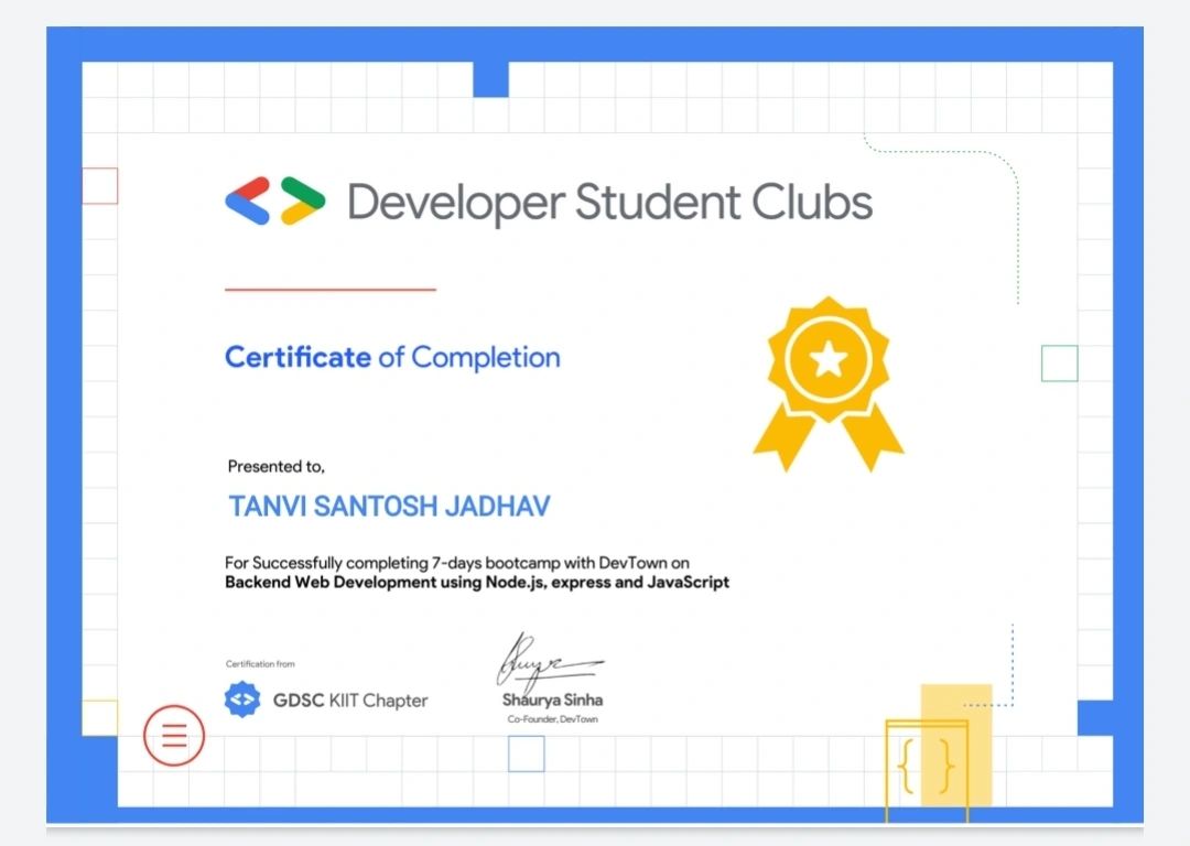 Tanvi Jadhav on LinkedIn: #devtown #certifieddeveloper #nodejs #express ... Tanvi Jadhav on LinkedIn: #devtown #certifieddeveloper #nodejs #express ...