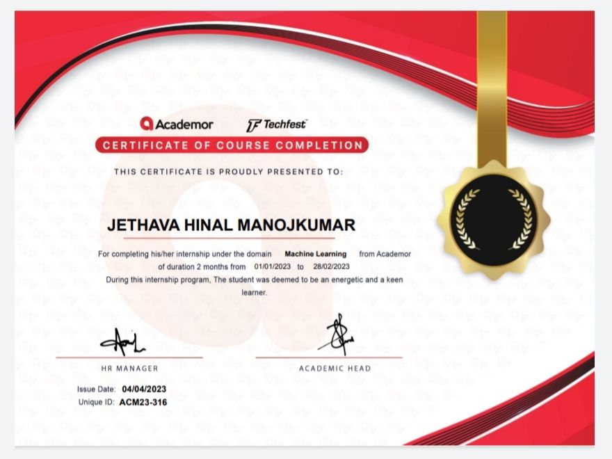 #internship #machinelearning | Hinal Jethava #internship #machinelearning | Hinal Jethava