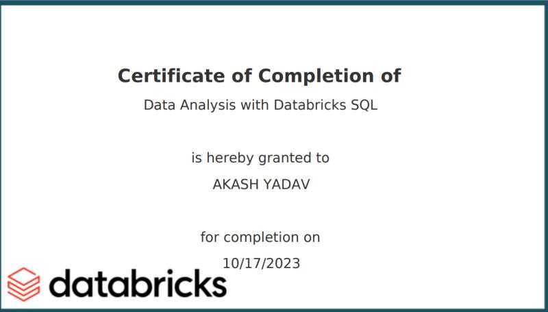 AKASH YADAV on LinkedIn: Completed Data Analysis with Databricks SQL # ... AKASH YADAV on LinkedIn: Completed Data Analysis with Databricks SQL # ...