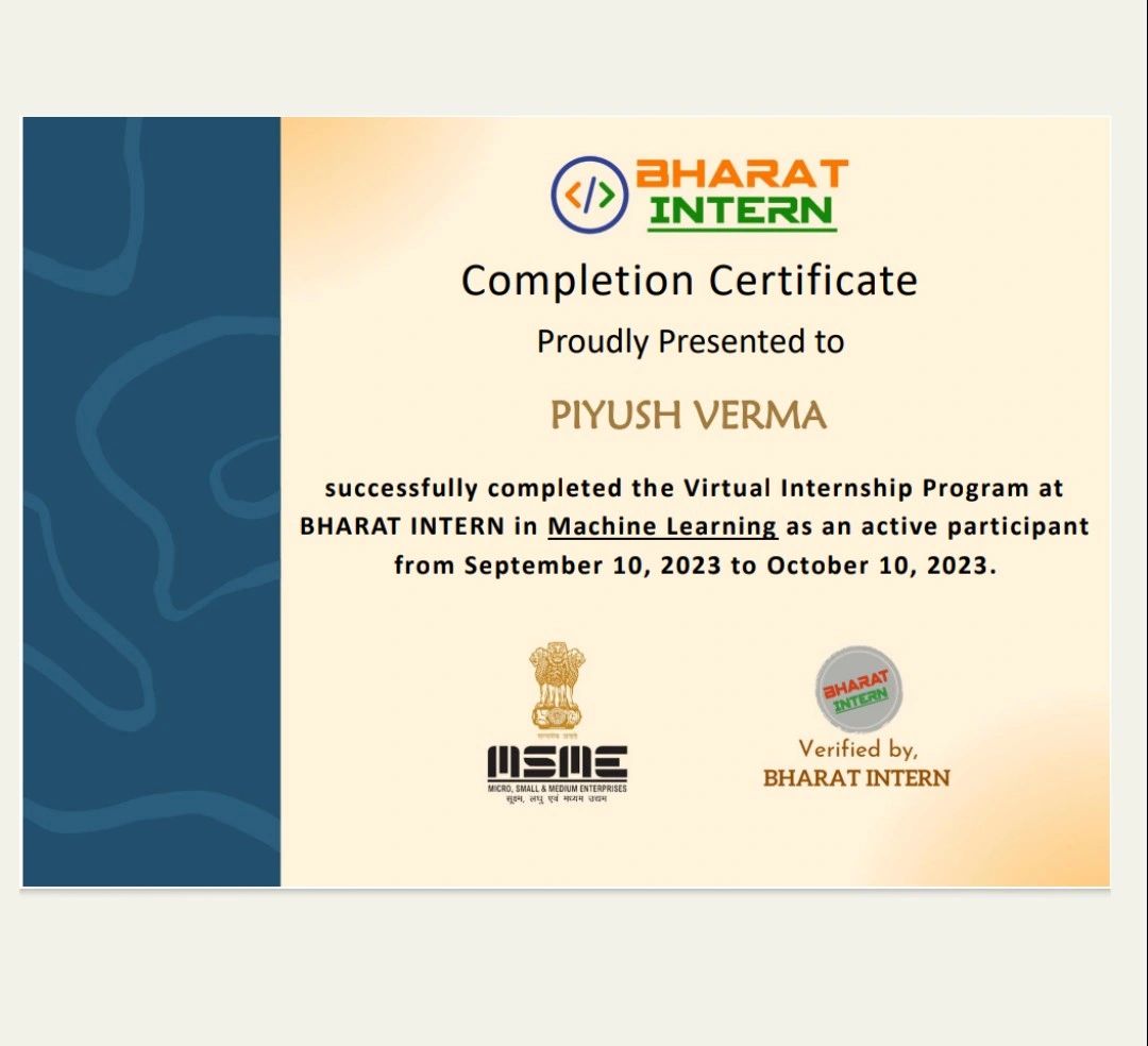 Piyush Verma on LinkedIn: #bharatintern #internship #machinelearning Piyush Verma on LinkedIn: #bharatintern #internship #machinelearning