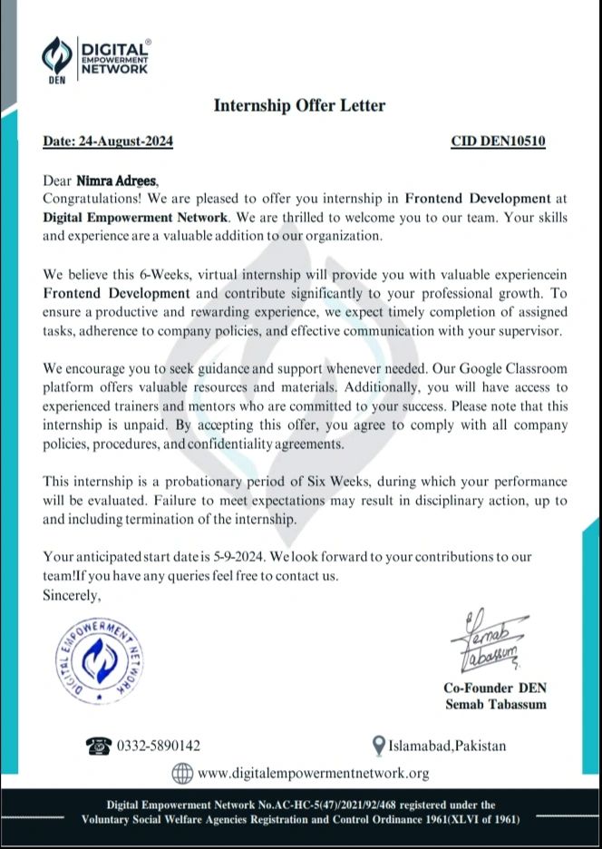 Nimra Adrees on LinkedIn: #digitalempowermentnetwork #den #internship # ... Nimra Adrees on LinkedIn: #digitalempowermentnetwork #den #internship # ...