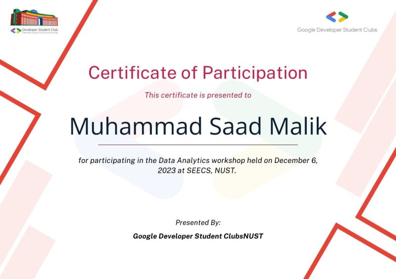 Muhammad Saad Malik on LinkedIn: Participant at GDSC Data Analytics ... Muhammad Saad Malik on LinkedIn: Participant at GDSC Data Analytics ...