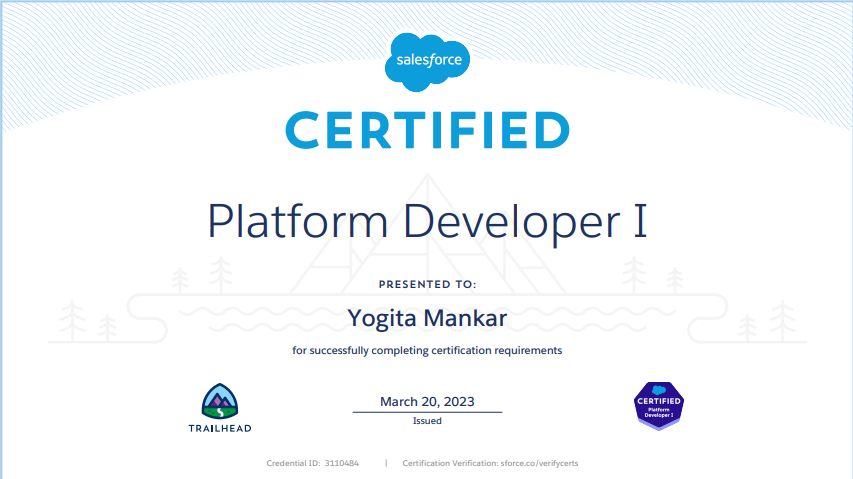 Yogita Mankar on LinkedIn: Happy to share Salesforce Platform Developer I… Yogita Mankar on LinkedIn: Happy to share Salesforce Platform Developer I…