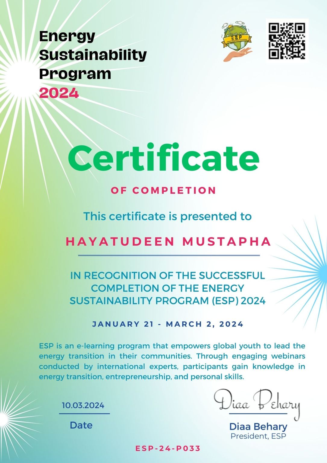 Proud to have participated in the Energy Sustainability Program (ESP ... Proud to have participated in the Energy Sustainability Program (ESP ...