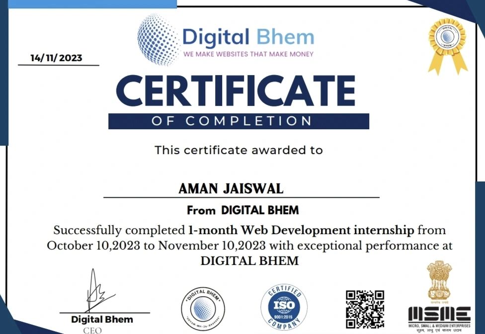 Aman Jaiswal on LinkedIn: #digitalbhem #webdevelopment #internship Aman Jaiswal on LinkedIn: #digitalbhem #webdevelopment #internship