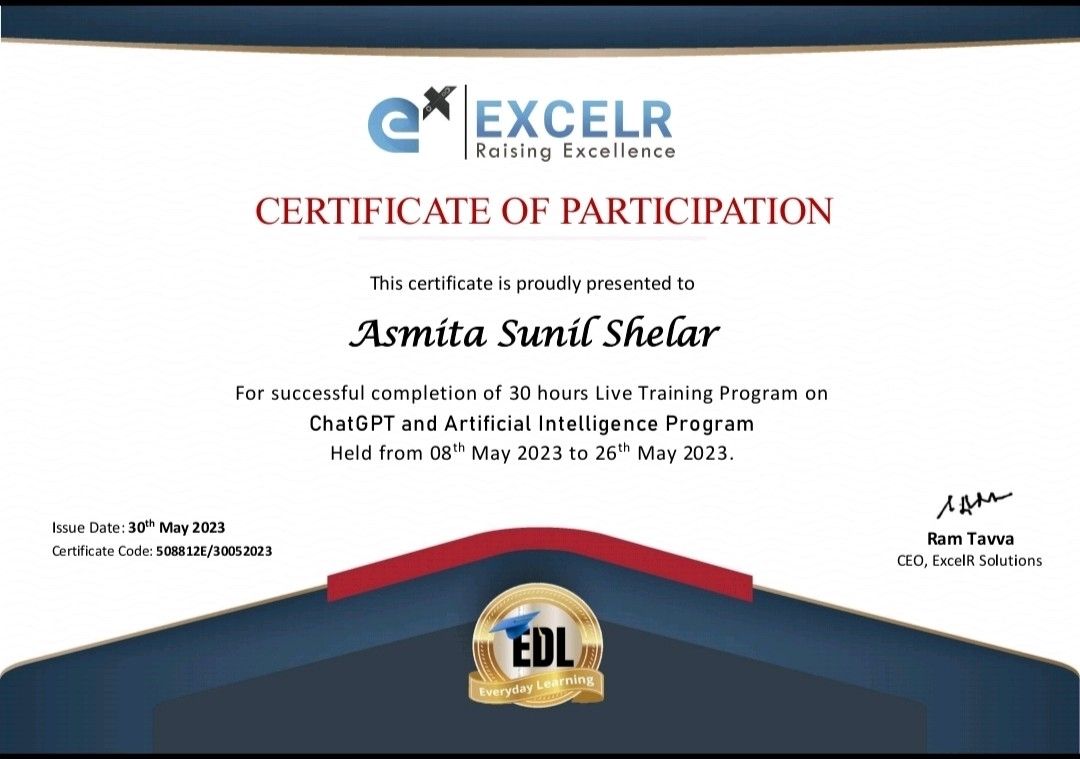 Asmita Shelar on LinkedIn: View my another certificate from Excelr ... Asmita Shelar on LinkedIn: View my another certificate from Excelr ...