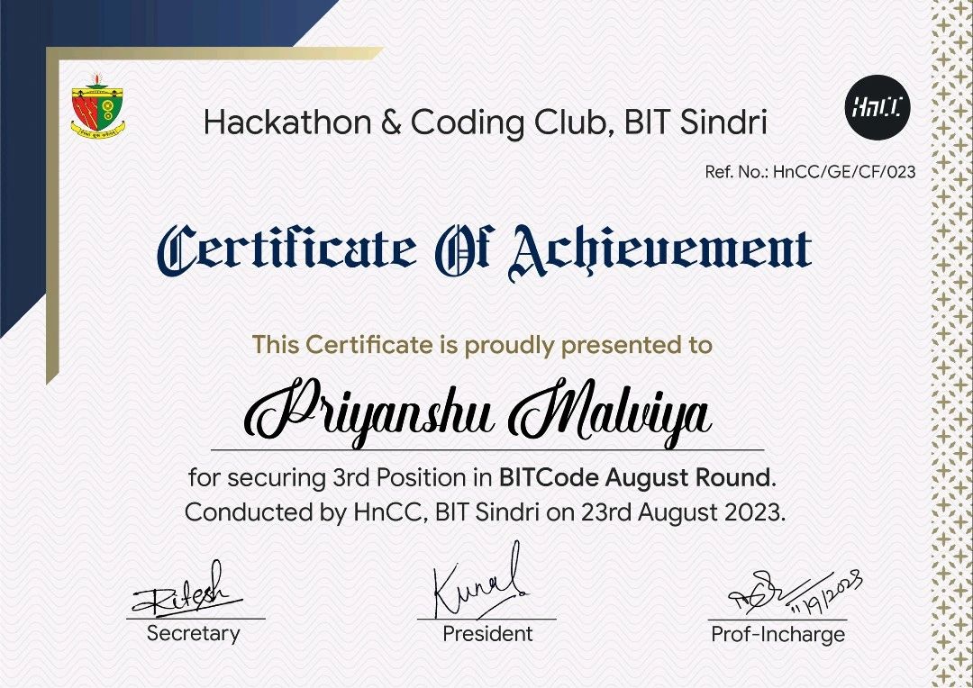 Priyanshu Malviya on LinkedIn: #codingchampion #bitcode #hncc # ... Priyanshu Malviya on LinkedIn: #codingchampion #bitcode #hncc # ...