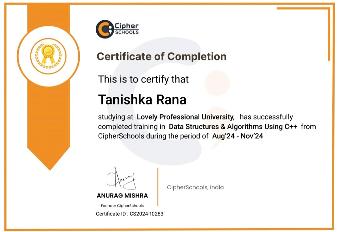 Tanishka Rana on LinkedIn: #cipherschools #learningjourney #dsa #c # ... Tanishka Rana on LinkedIn: #cipherschools #learningjourney #dsa #c # ...