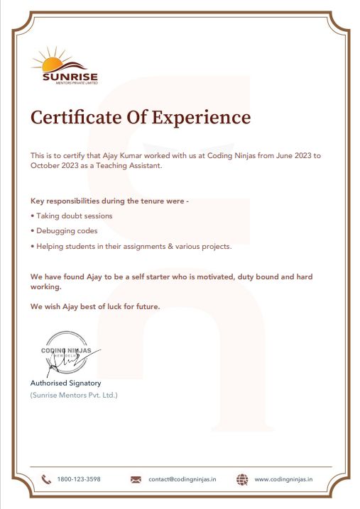 Finished my internship at Coding Ninjas as a mentor | Ajay Kumar Yadav ... Finished my internship at Coding Ninjas as a mentor | Ajay Kumar Yadav ...