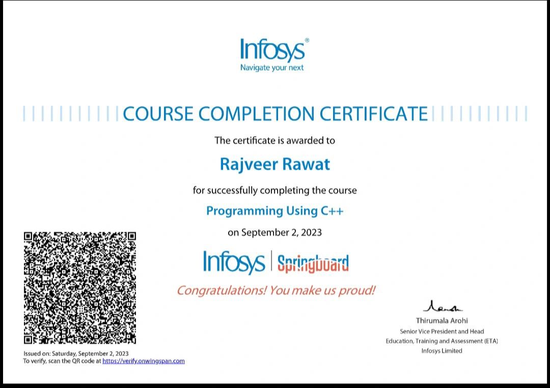 completed C++ programming course at Infosys Springboard | Rajveer Rawat completed C++ programming course at Infosys Springboard | Rajveer Rawat