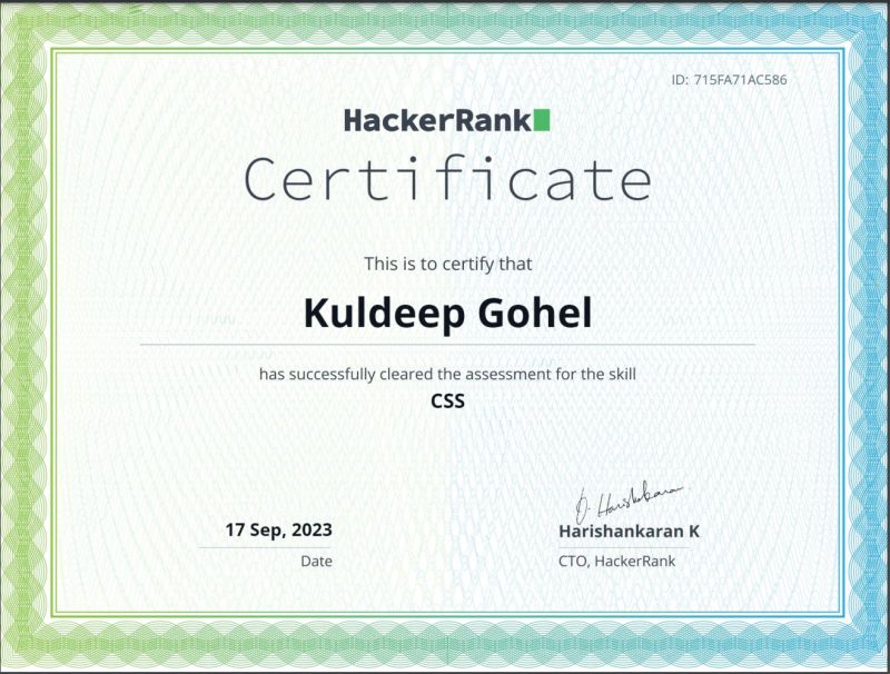 🚀 Just Earned my CSS Certification from Hackerrank! | kuldeep Gohel 🚀 Just Earned my CSS Certification from Hackerrank! | kuldeep Gohel