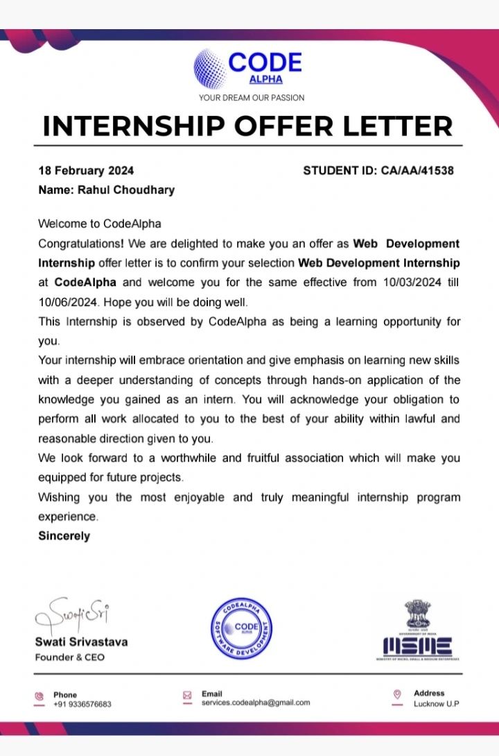 Rahul Choudhary on LinkedIn: #internship #codealpha #webdevelopment Rahul Choudhary on LinkedIn: #internship #codealpha #webdevelopment