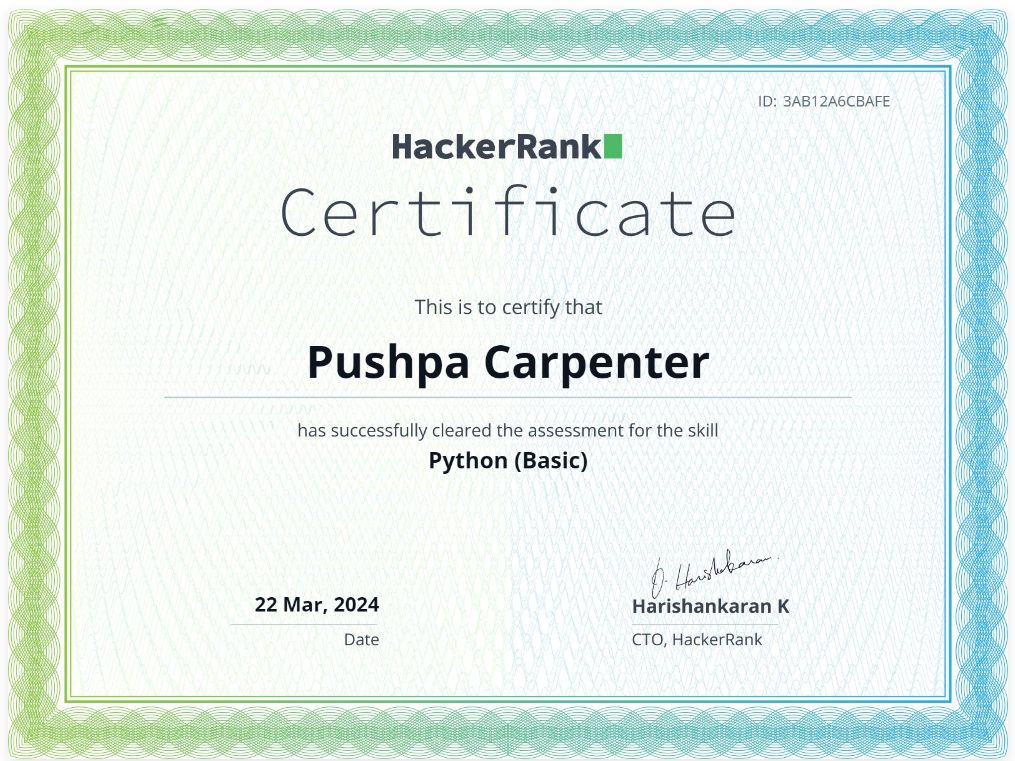 Completed Python basics with HackerRank | Pushpa Carpenter posted on ... Completed Python basics with HackerRank | Pushpa Carpenter posted on ...