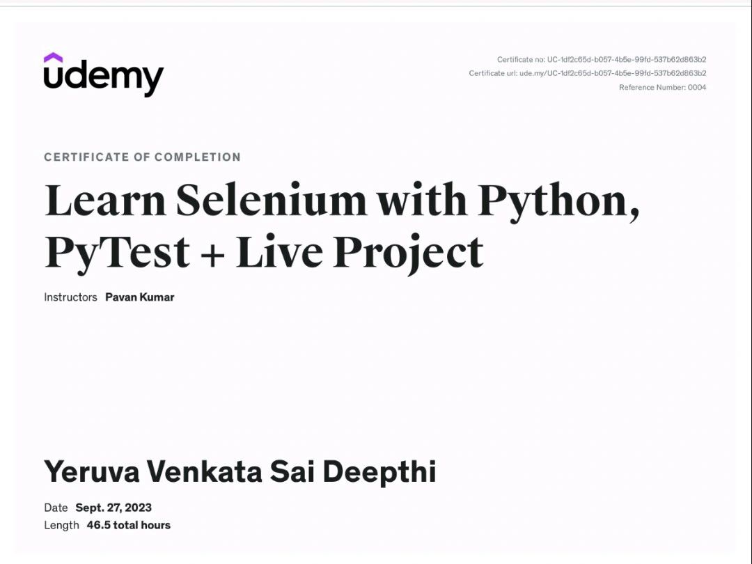 Venkata Sai Deepthi Yeruva on LinkedIn: successfully completed selenium ... Venkata Sai Deepthi Yeruva on LinkedIn: successfully completed selenium ...