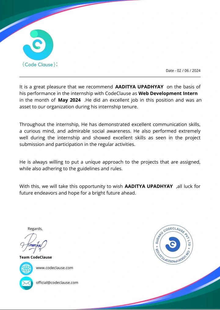 Received Letter of Recommendation from CodeClause for Web Development ... Received Letter of Recommendation from CodeClause for Web Development ...
