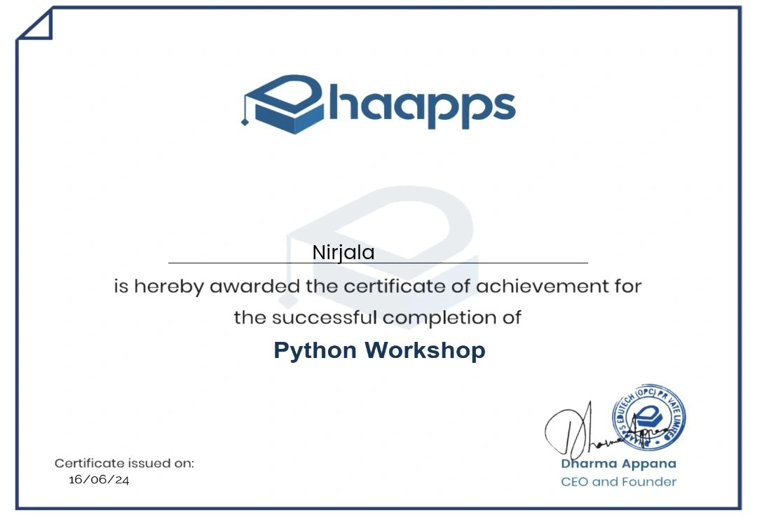 Nirjala Sharma on LinkedIn: #python #programming #workshop #certificate ... Nirjala Sharma on LinkedIn: #python #programming #workshop #certificate ...