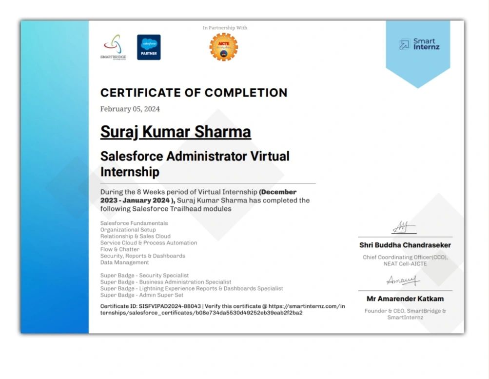 Suraj Kumar Sharma on LinkedIn: certificate of completion Salesforce ... Suraj Kumar Sharma on LinkedIn: certificate of completion Salesforce ...