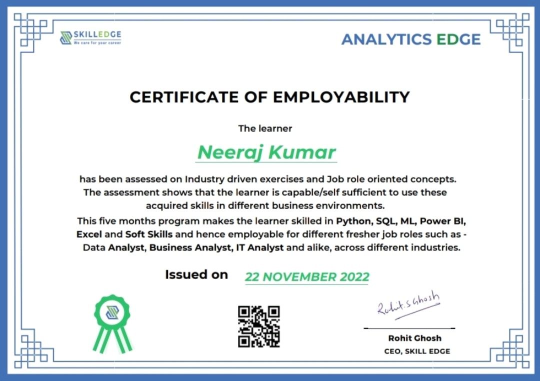 NEERAJ KUMAR on LinkedIn: Certificate of learning Python,SQL,,ML,Power ... NEERAJ KUMAR on LinkedIn: Certificate of learning Python,SQL,,ML,Power ...
