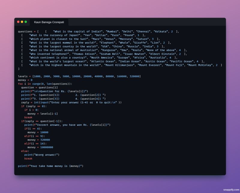 #kaunbanegacrorepati #pythonprogramming #quizgame #codesnippet # ... #kaunbanegacrorepati #pythonprogramming #quizgame #codesnippet # ...
