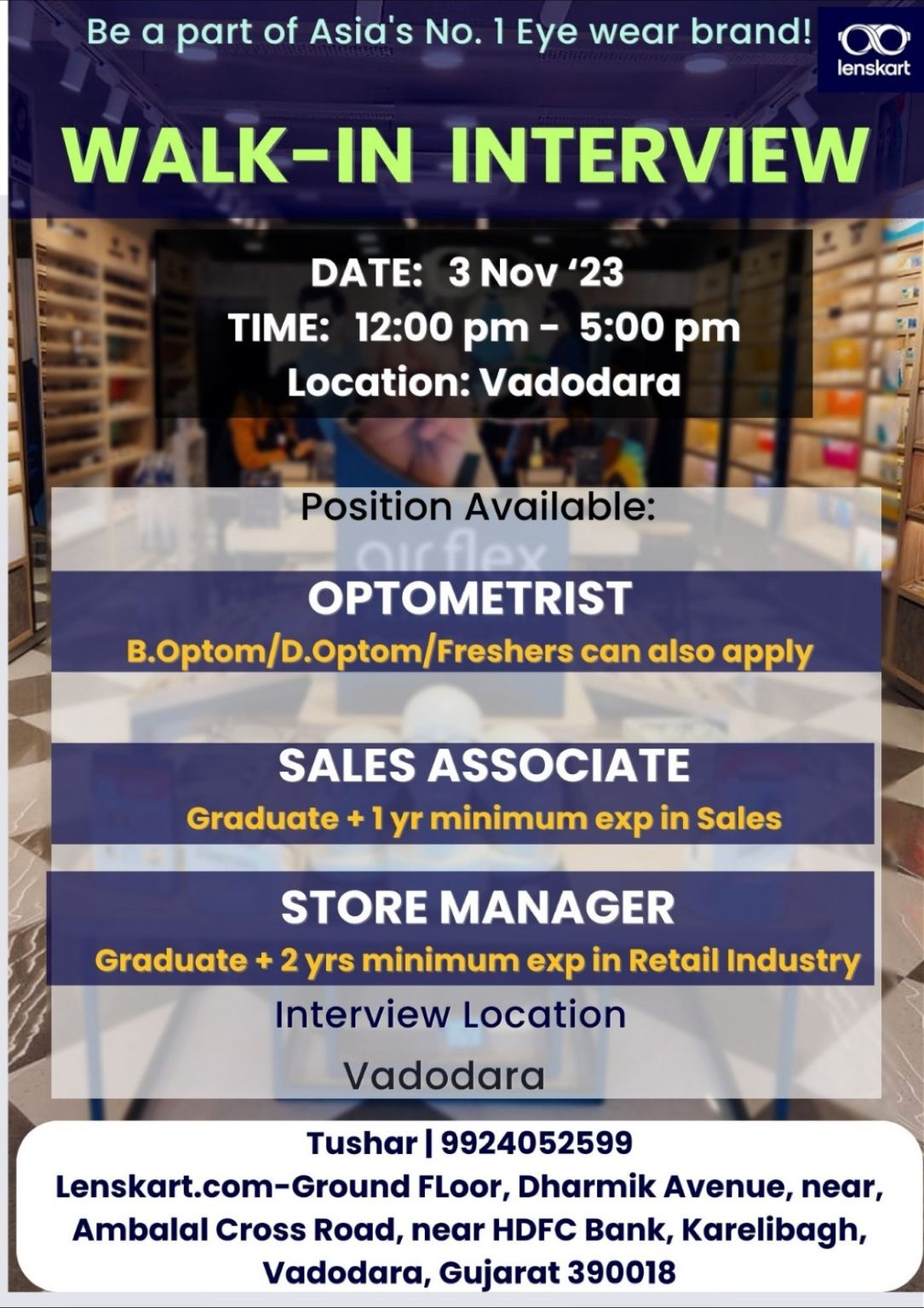 Tushar Ahire on LinkedIn: #hiring #lenskart #walkindrive #vadodara Tushar Ahire on LinkedIn: #hiring #lenskart #walkindrive #vadodara