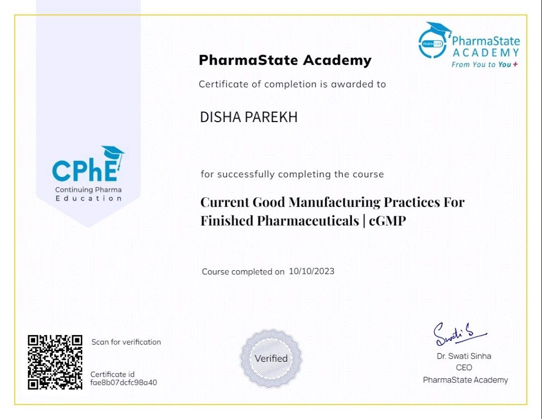 Completed Pharmastate Academy's course on Finished Pharmaceuticals ... Completed Pharmastate Academy's course on Finished Pharmaceuticals ...