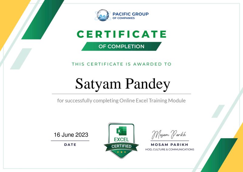 SATYAM PANDEY on LinkedIn: Excel Completion Certificate by Pacific ... SATYAM PANDEY on LinkedIn: Excel Completion Certificate by Pacific ...