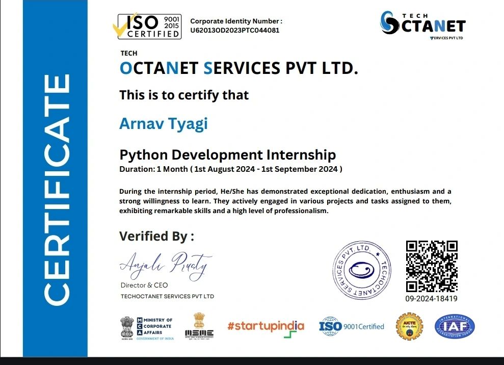 Arnav Tyagi on LinkedIn: python development internship certificate ... Arnav Tyagi on LinkedIn: python development internship certificate ...