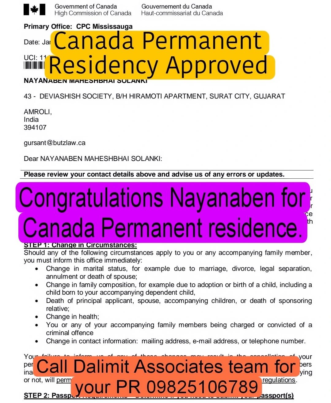 Congratulations Nayanaben Solanki for Permanent Residency approval for ... Congratulations Nayanaben Solanki for Permanent Residency approval for ...