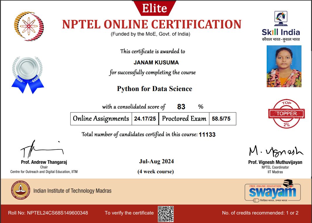 Kusuma Janam on LinkedIn: #datascience #python #nptel #continuouslearning Kusuma Janam on LinkedIn: #datascience #python #nptel #continuouslearning