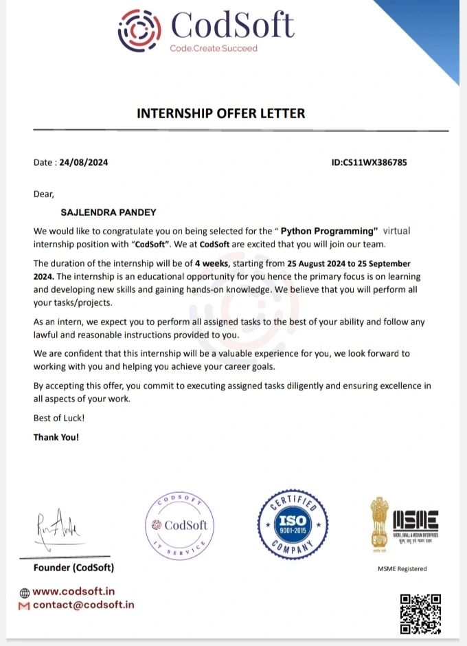 SAJLENDRA PANDEY on LinkedIn: #internship #python #codesoft #excited # ... SAJLENDRA PANDEY on LinkedIn: #internship #python #codesoft #excited # ...
