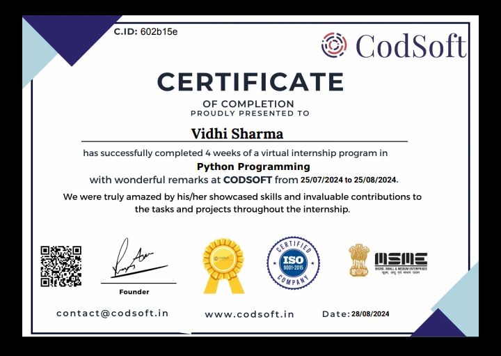 Vidhi Sharma on LinkedIn: #codsoft #python #pythonprogramming #learning ... Vidhi Sharma on LinkedIn: #codsoft #python #pythonprogramming #learning ...