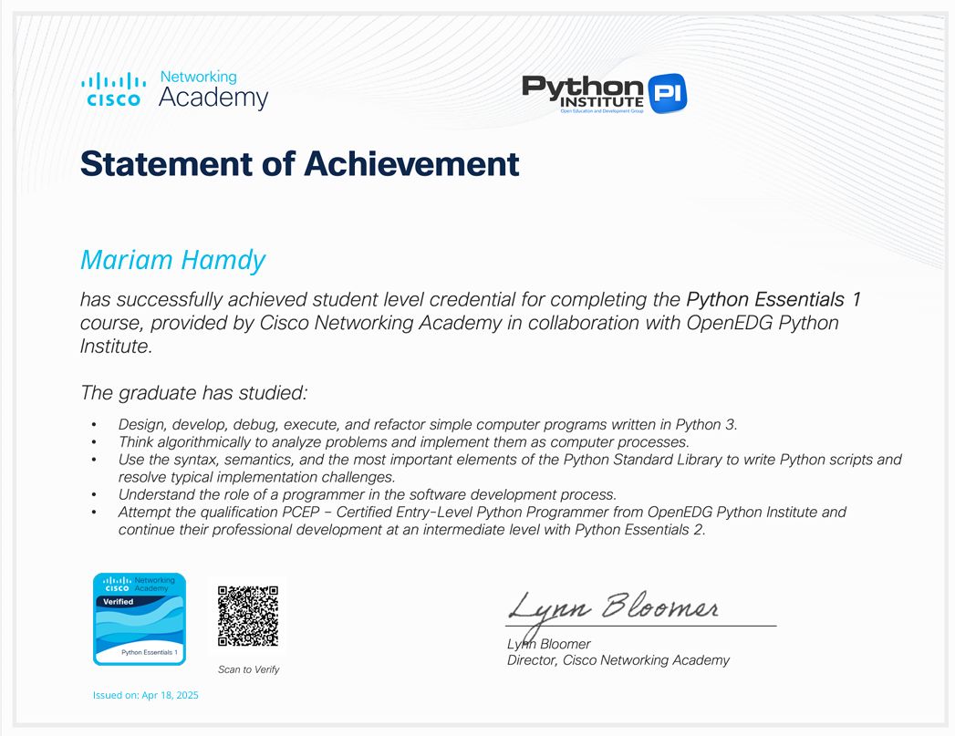 #python #ciscocertified #programming #techskills | Mariam Hamdi #python #ciscocertified #programming #techskills | Mariam Hamdi
