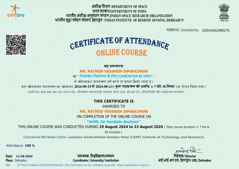 Completed AI/ML course by IIRS | Vedansh Rathod posted on the topic ... Completed AI/ML course by IIRS | Vedansh Rathod posted on the topic ...