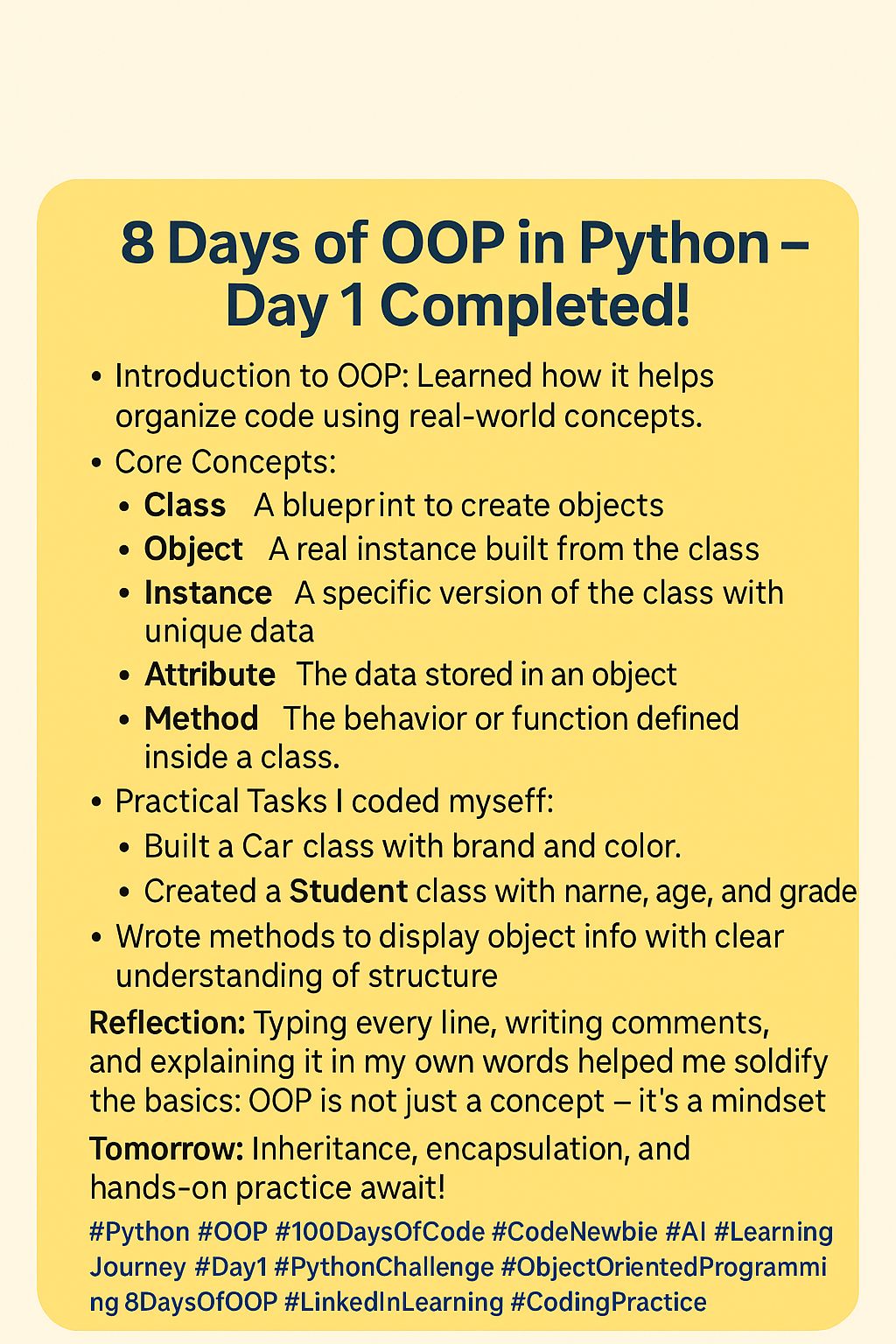 #python #oop #100daysofcode #codenewbie #ai #learningjourney #day1 ... #python #oop #100daysofcode #codenewbie #ai #learningjourney #day1 ...