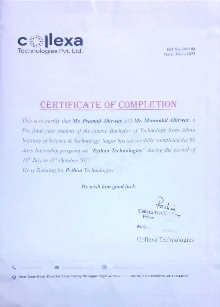 Pramod Ahirwar on LinkedIn: #collexa #internship #python Pramod Ahirwar on LinkedIn: #collexa #internship #python