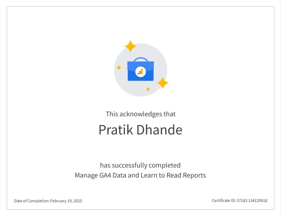 Certificate of Manage GA4 Data and Learn to Read Reports | Pratik Umesh ... Certificate of Manage GA4 Data and Learn to Read Reports | Pratik Umesh ...