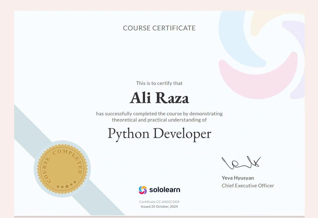 Ali Raza on LinkedIn: #python #programming #certificate #learningneverstops Ali Raza on LinkedIn: #python #programming #certificate #learningneverstops