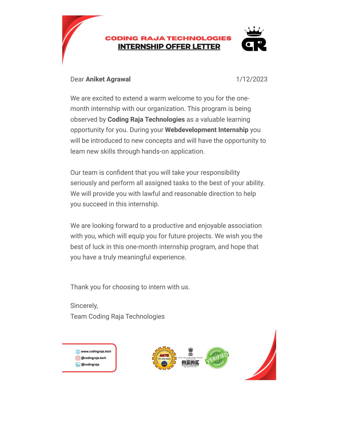 Aniket Agrawal on LinkedIn: #internship #codingrajatechnology # ... Aniket Agrawal on LinkedIn: #internship #codingrajatechnology # ...
