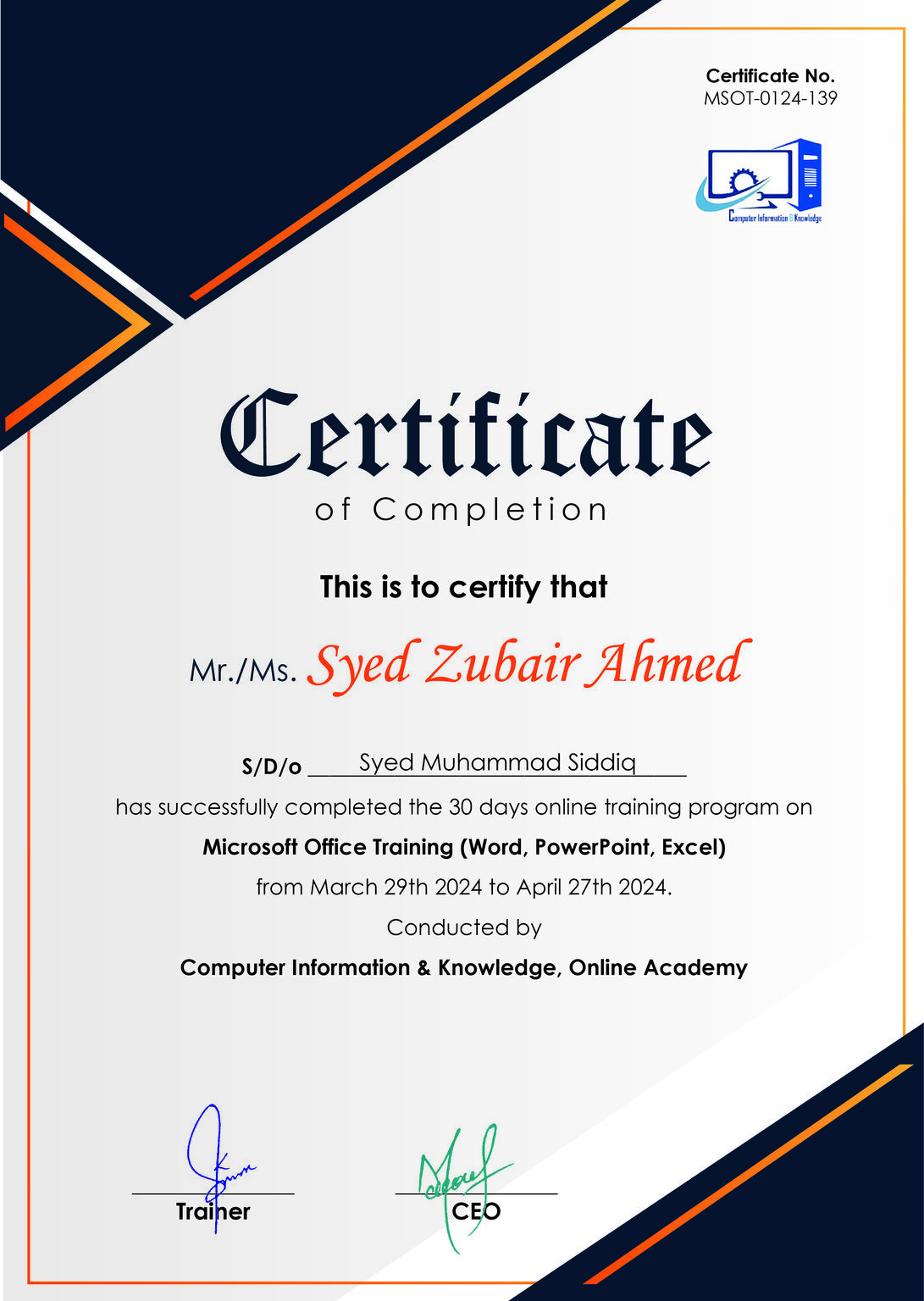 Completed a 30-day course on Microsoft Word, PowerPoint, and Excel ... Completed a 30-day course on Microsoft Word, PowerPoint, and Excel ...
