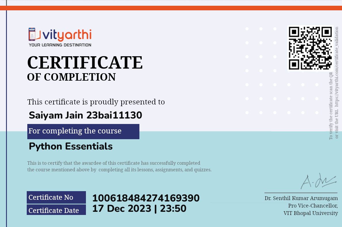 Completed Python course from Vityarthi | 𝐒𝐀𝐈𝐘𝐀𝐌 𝐉𝐀𝐈𝐍 posted on the ... Completed Python course from Vityarthi | 𝐒𝐀𝐈𝐘𝐀𝐌 𝐉𝐀𝐈𝐍 posted on the ...