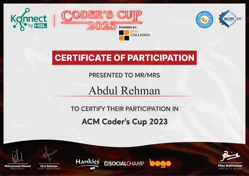 Muhammad Abdul Rehman on LinkedIn: #acm #coding #fastnuces #coderscup2023 Muhammad Abdul Rehman on LinkedIn: #acm #coding #fastnuces #coderscup2023