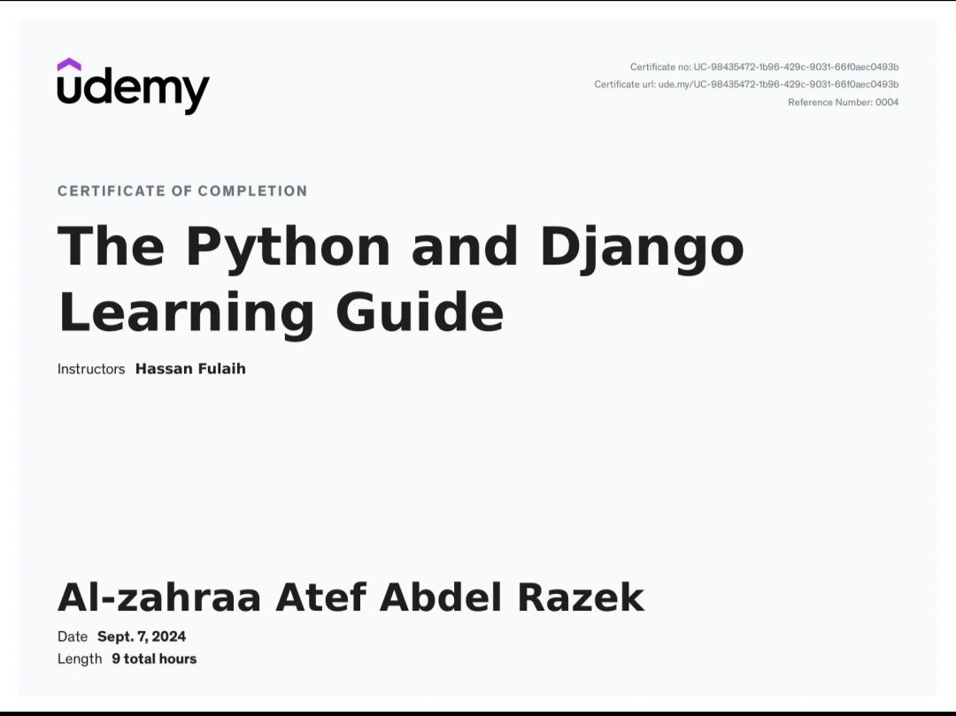 Al-zahraa Atef on LinkedIn: #udemy #python #django #softwareengineering ... Al-zahraa Atef on LinkedIn: #udemy #python #django #softwareengineering ...