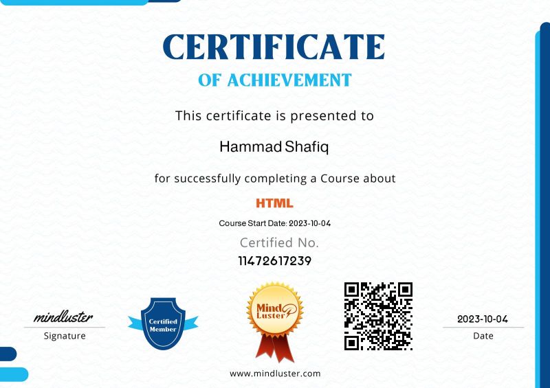 Hammad Shafiq on LinkedIn: HTML certificate. Hammad Shafiq on LinkedIn: HTML certificate.