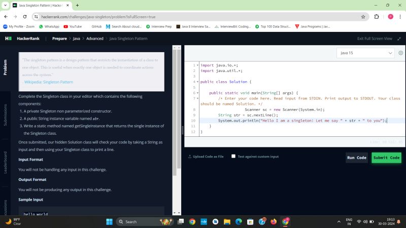 #day28 #javaprogramming #problemsolving #hackerrank #singletonpattern ... #day28 #javaprogramming #problemsolving #hackerrank #singletonpattern ...